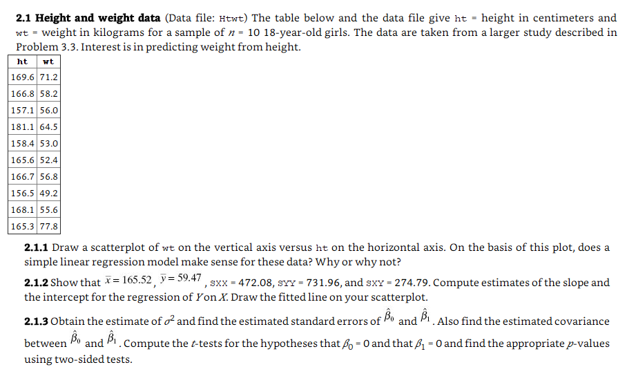 Solved The table below and the data file give ht = height in | Chegg.com