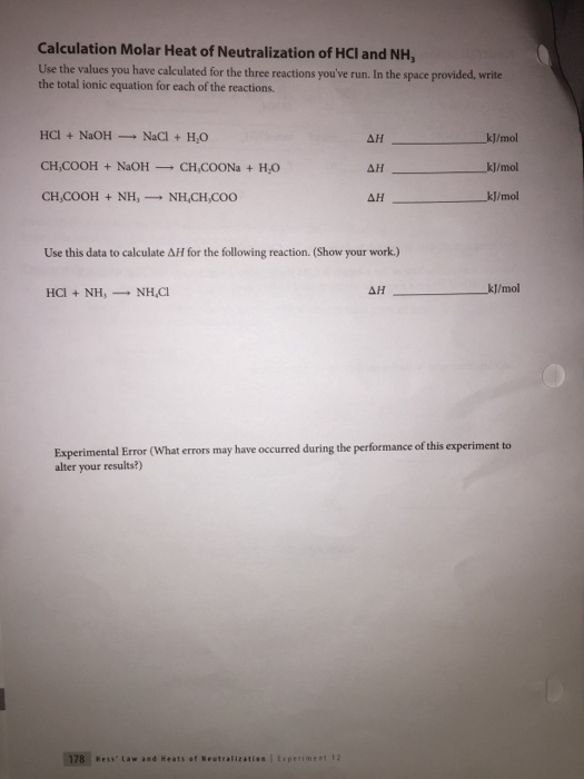 Solved Calculation Molar Heat of Neutralization of HCl and | Chegg.com