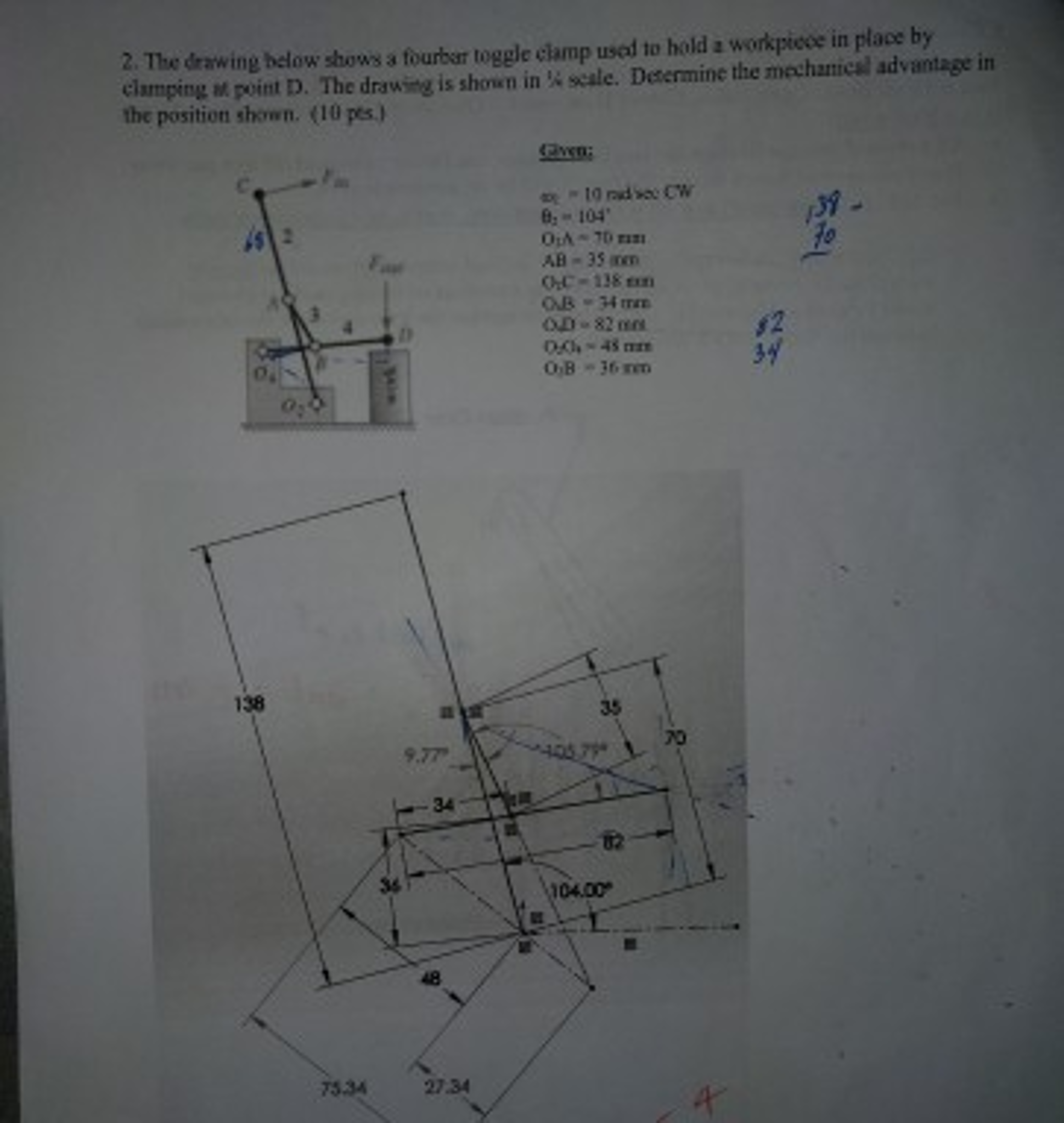 Solved The drawing below shows a fourbar toggle clamp used | Chegg.com