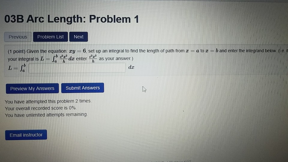 Solved 03B Arc Length: Problem 1 Previous Problem List Next | Chegg.com