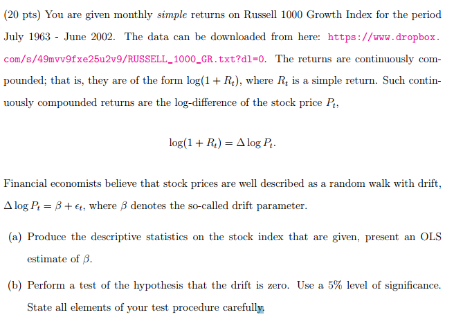 (20 pts) You are given monthly simple returns on | Chegg.com