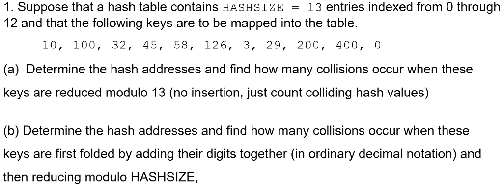 Solved 1. Suppose that a hash table contains HASHSIZE = 13 | Chegg.com
