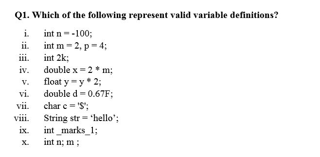 Solved Q1 Which Of The Following Represent Valid Variable 7398