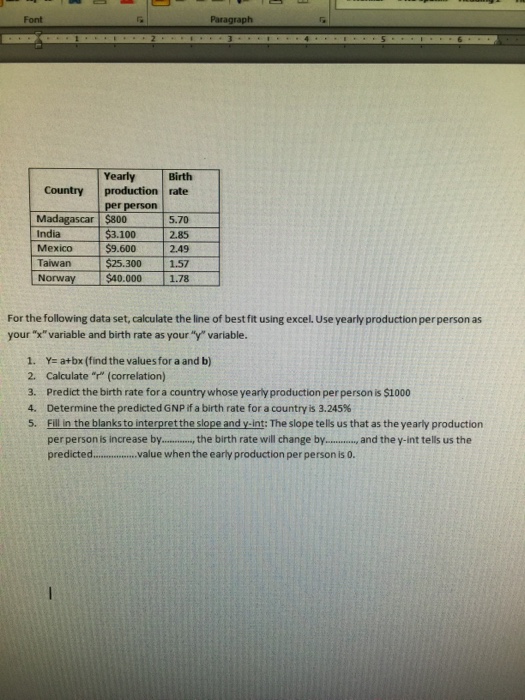 Solved For the following data set, calculate the Line of | Chegg.com