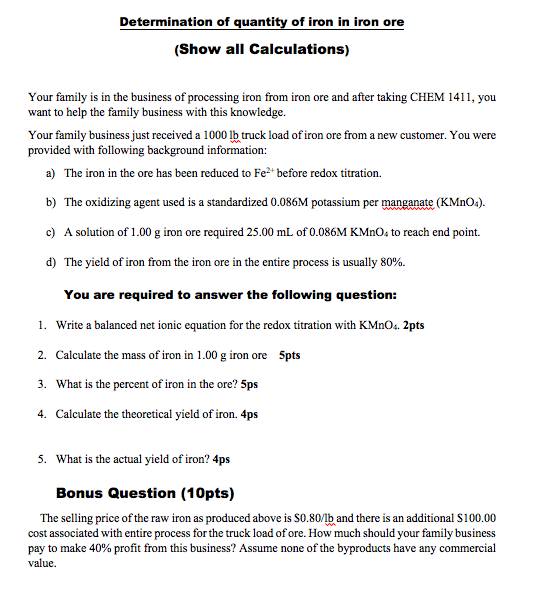 Solved Determination of quantity of iron in iron ore (Show | Chegg.com