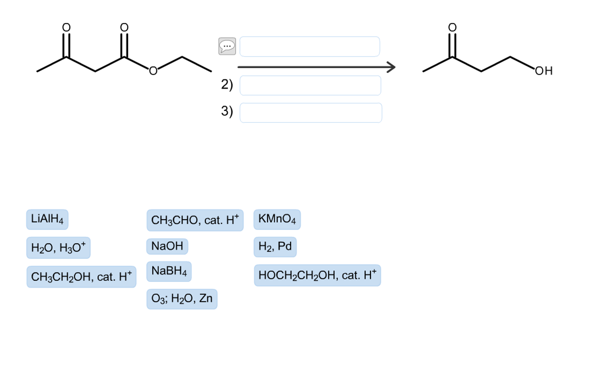 Solved LiAlH_4 H_2O, H_3O^+ CH_3CH_2OH, cat. H^+ | Chegg.com