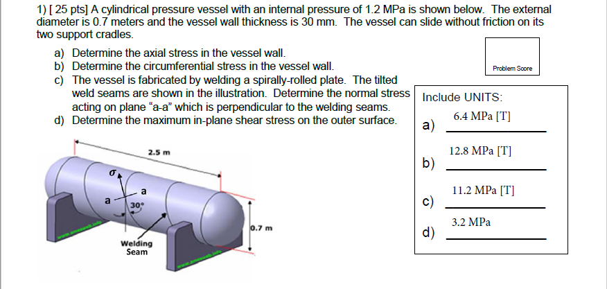 Solved 1) [25 pts] A cylindrical pressure vessel with an | Chegg.com