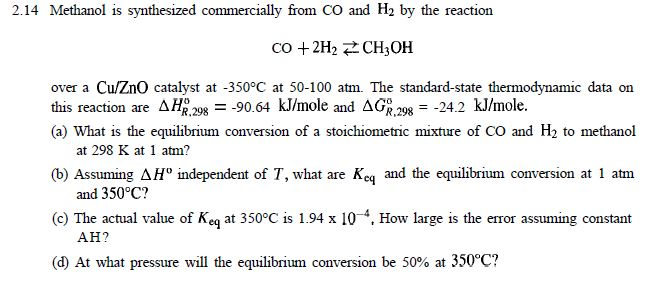 Solved Methanol is synthesized commercially from CO and H_2 | Chegg.com