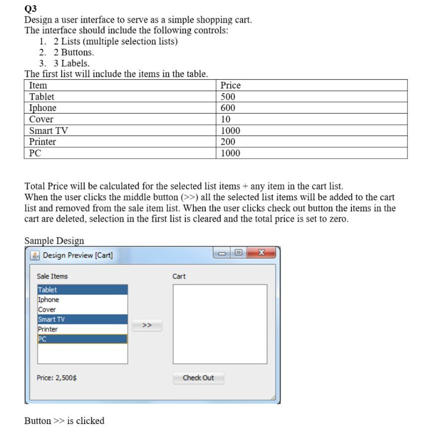 Solved Design a user interface to serve as a simple shopping | Chegg.com