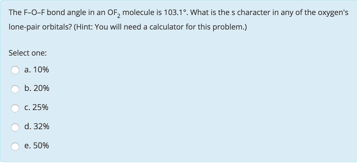 Solved The F-O-F bond angle in an OF2 molecule is 103.1 0 | Chegg.com