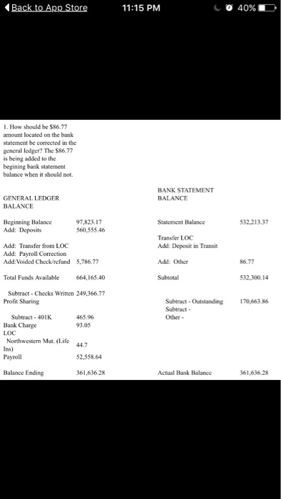Solved 1. The $86.77 located in the bank statement column | Chegg.com