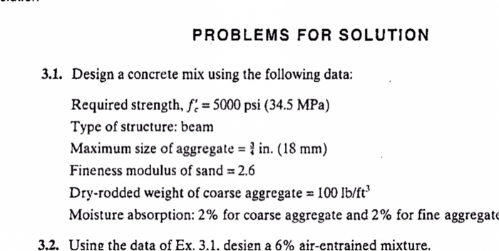 Solved PROBLEMS FOR SOLUTION 3.1. Design a concrete mix | Chegg.com