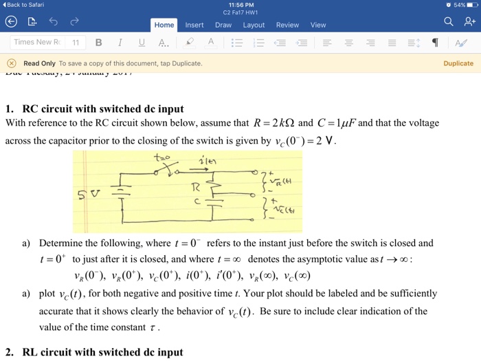 Solved With reference to the RC circuit shown below, assume | Chegg.com