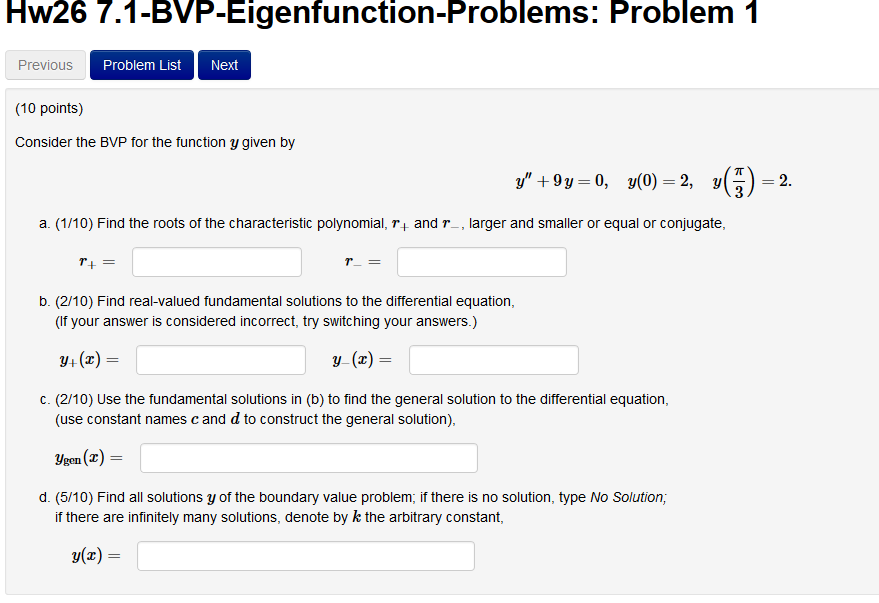 Solved Consider the BVP for the function y given by y'' + 9y | Chegg.com
