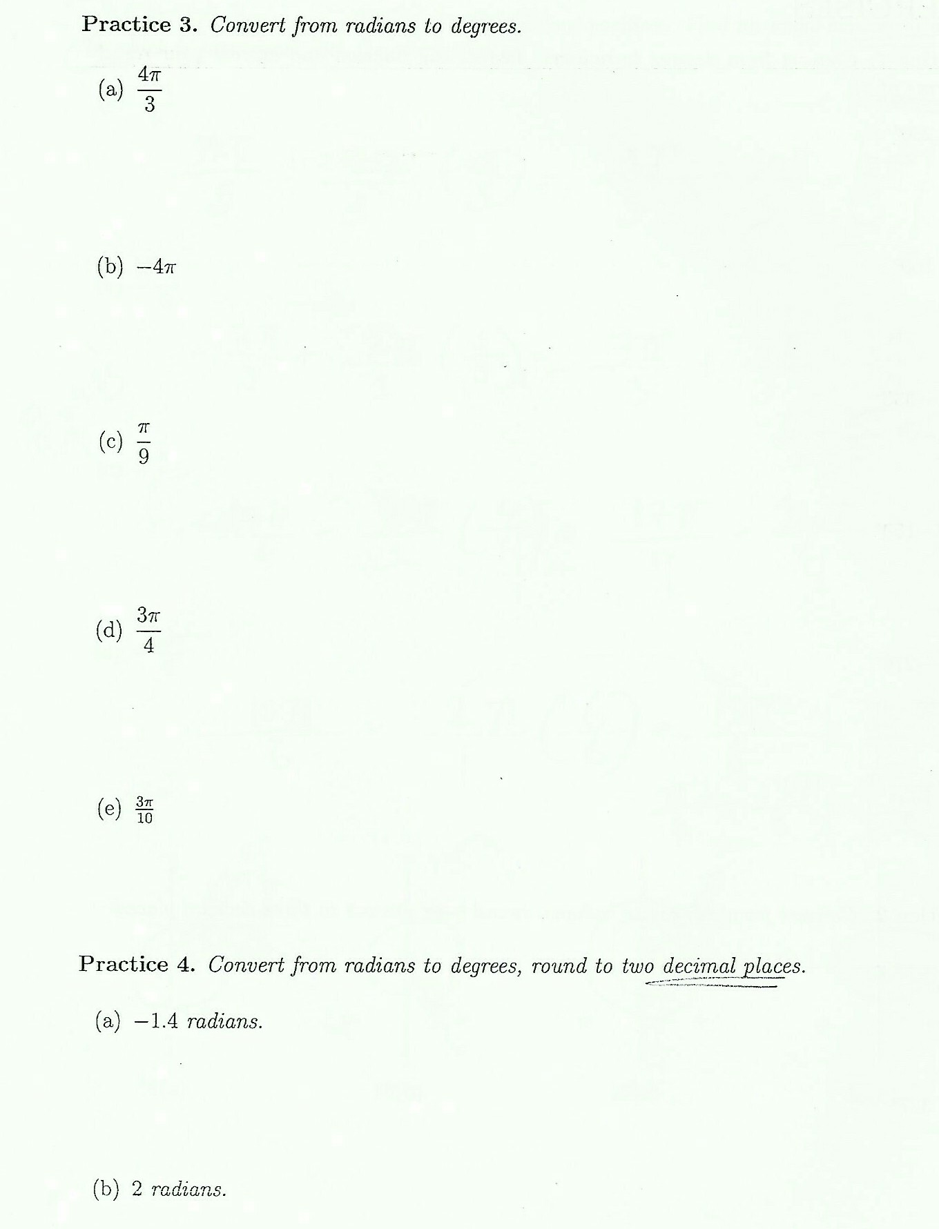 Solved Practice 1. Convert from degrees to radians. Reduce | Chegg.com