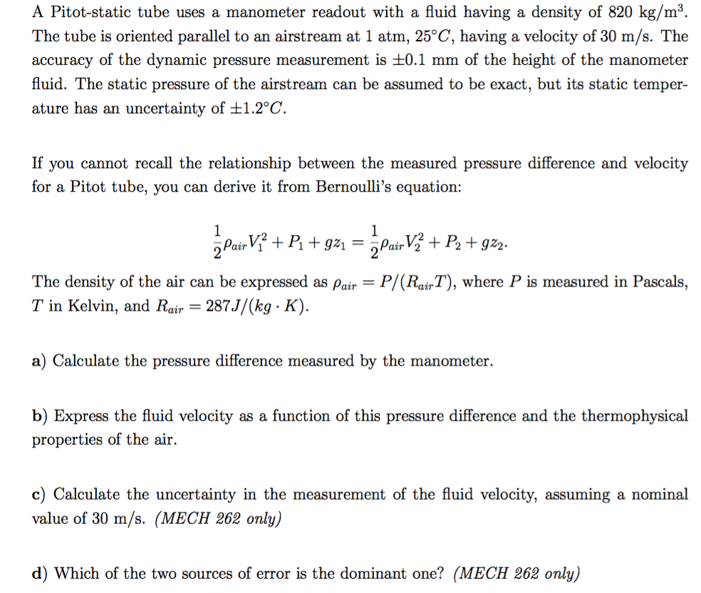 Solved A Pitot-static tube uses a manometer readout with a | Chegg.com