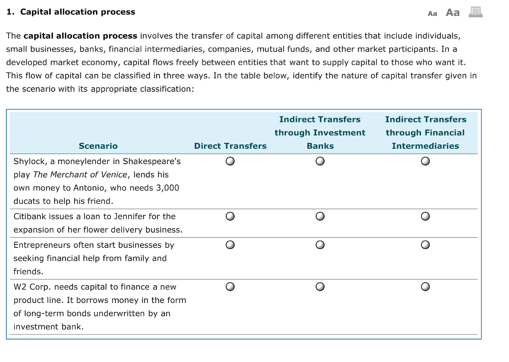 Solved 1. Capital allocation process Aa Aa The capital | Chegg.com