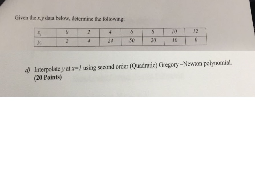 Solved Given The X Y Data Below Determine The Following