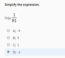Solved Simplify the expression. log_9 1/81 -9 9 2 -2 | Chegg.com