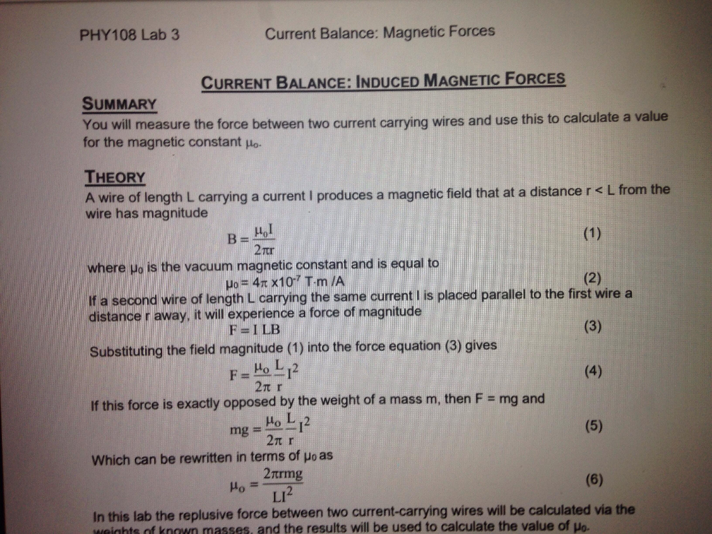 Solved PHY108 Lab 3 Current Balance: Magnetic Forces CURRENT | Chegg.com