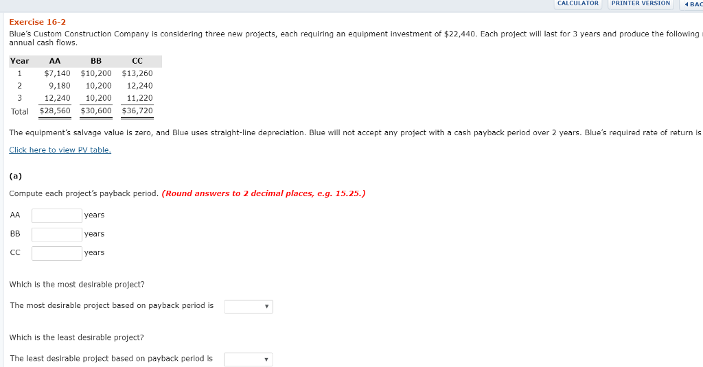 Solved CALCULATOR PRINTER VERSION BAC Exercise 16-2 Blue's | Chegg.com