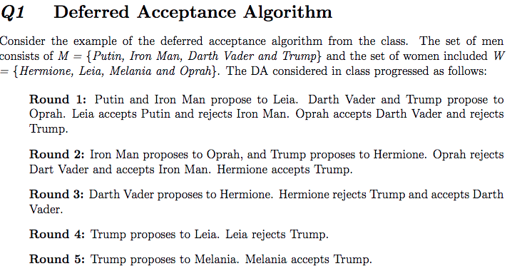 Q1 Deferred Acceptance Algorithm Consider the example | Chegg.com