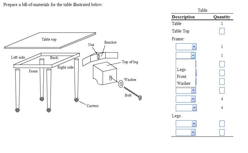 Solved Prepare a bill-of-materials for the table ilustrated | Chegg.com