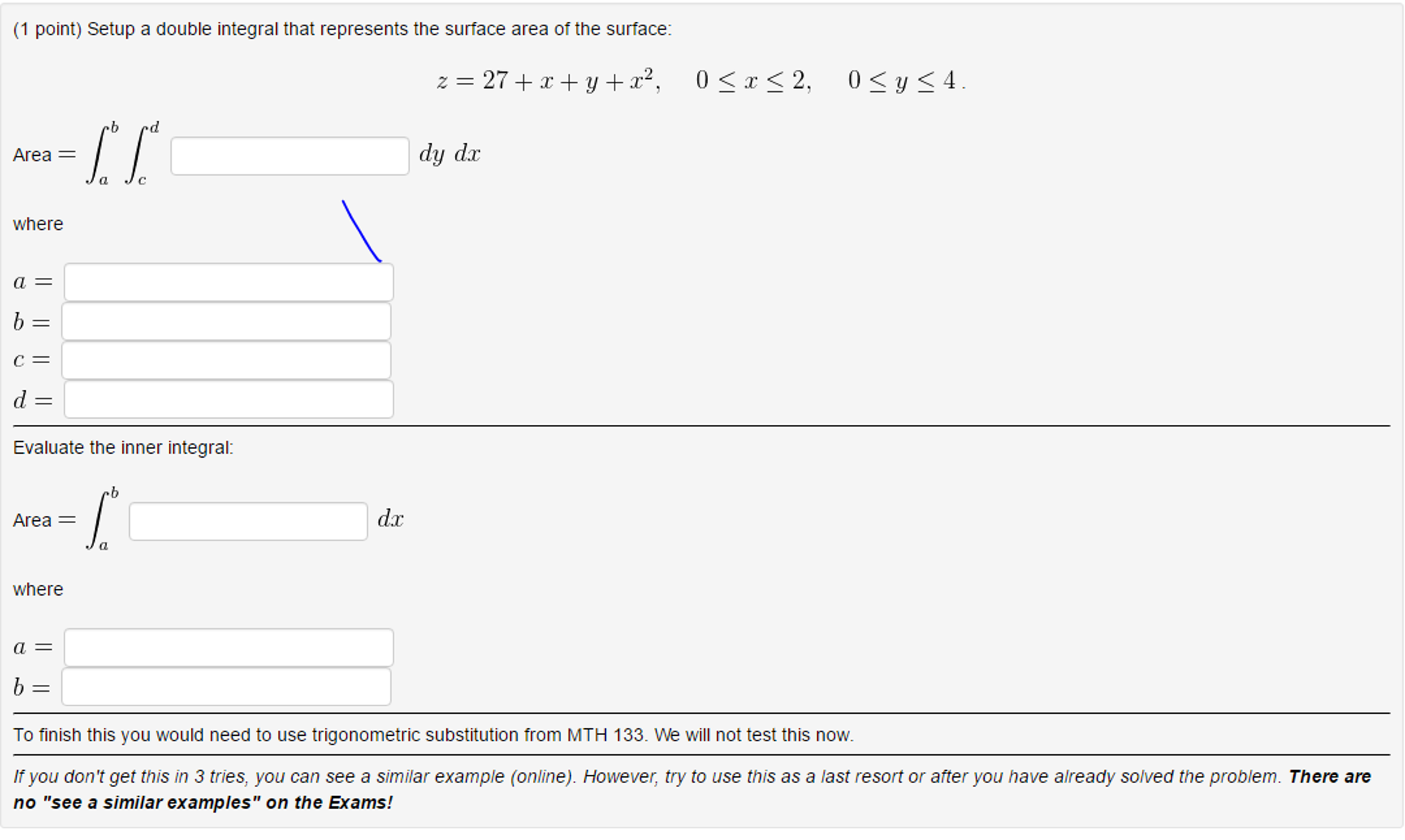 Solved (1 point) Setup a double integral that represents the | Chegg.com