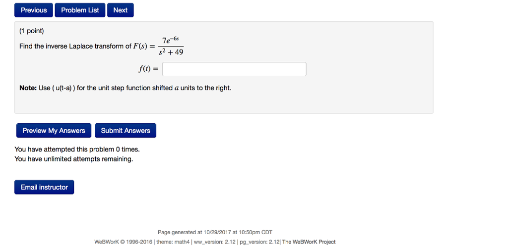 Solved Previous Problem ListNext 1 point) Find the inverse | Chegg.com