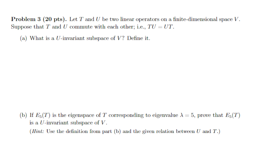 Solved Suppose that the linear operators T and U commute | Chegg.com