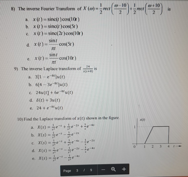 Solved 8 The Inverse Fourier Transform Of X A Rect