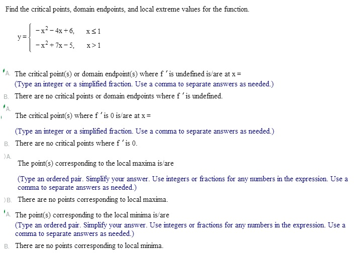 Solved Find the critical points, domain endpoints, and local | Chegg.com