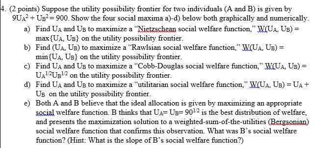 Solved . (2 points) Suppose the utility possibility frontier | Chegg.com
