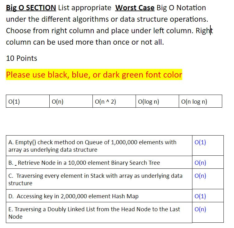 Solved Big O SECTION List appropriate Worst Case Big O | Chegg.com