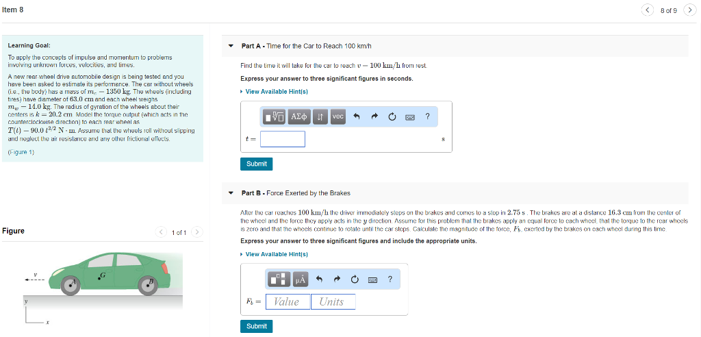 Solved Item 8 8of 9 Part A Time for the Car to Reach 100 | Chegg.com
