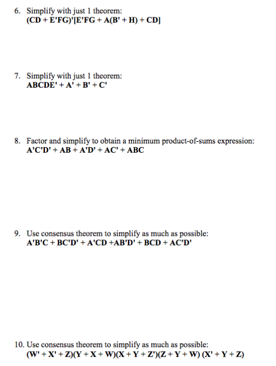 Solved Simplify with just 1 theorem: (CD + E'FG)'[E'FG + | Chegg.com