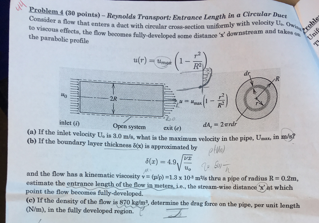 Solved Problem 4 (30 points) - Reynolds Transport: Entrance | Chegg.com