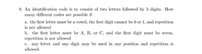 Solved An identification code is to consist of two letters | Chegg.com