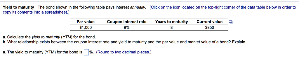 Solved Yield to maturity The bond shown in the following | Chegg.com