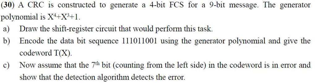 Solved (30) A CRC is constructed to generate a 4-bit FCS for | Chegg.com Solved (30) A CRC is constructed to generate a 4-bit FCS for | Chegg.com