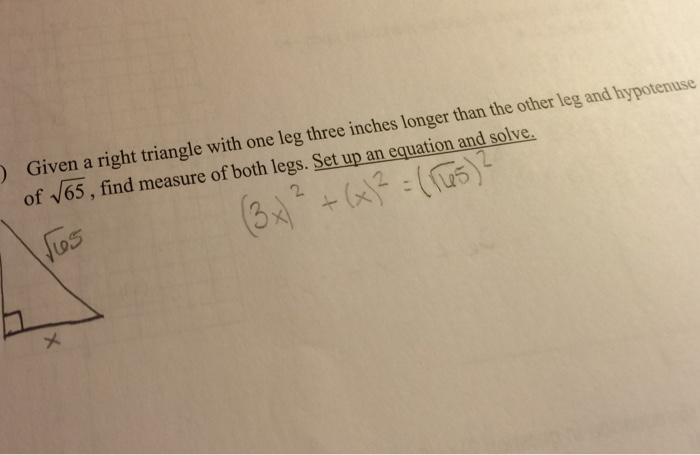 Solved Given a right triangle with one leg three inches | Chegg.com