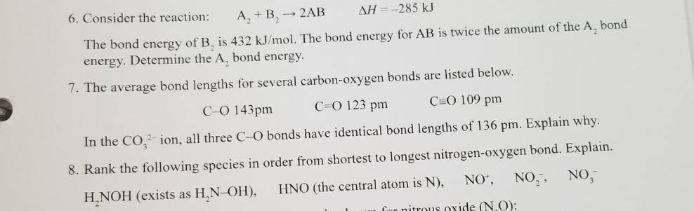 Solved 6. Consider the reaction: A, + B2 ? 2AB AH285 kJ The | Chegg.com