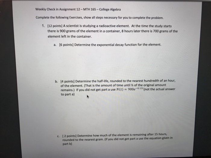 Solved Weekly Check in Assignment 12-MTH 165-College Algebra | Chegg.com