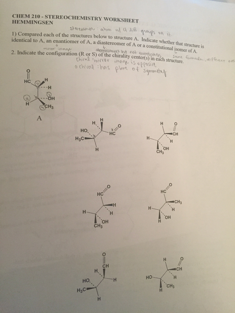 Solved CHEM 210 - STEREOCHEMISTRY WORKSHEET HEMMINGSEN 1) | Chegg.com