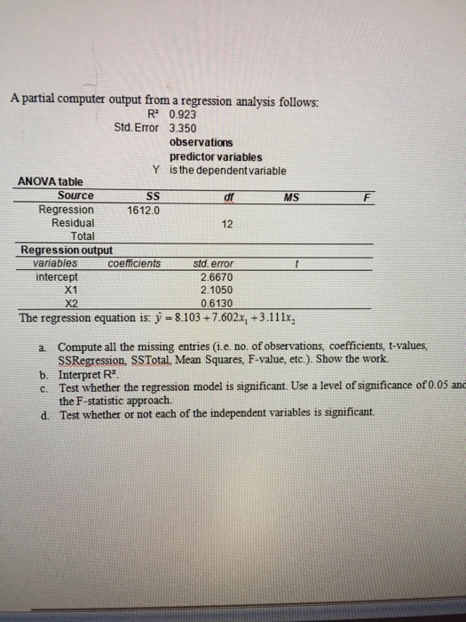 Solved A partial computer output from a regression analysis | Chegg.com