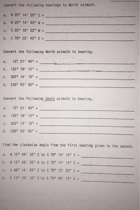 Solved Convert the following bearings to North azimuth. N | Chegg.com