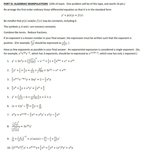 Solved PART Ill. ALGEBRAIC MANIPULATIONS (16% of exam. One | Chegg.com