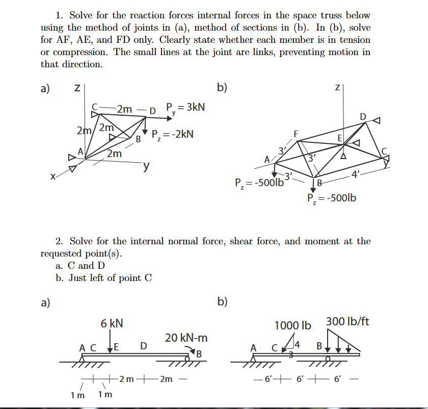 Solved 1. Solve for the reaction forces internal forces in | Chegg.com