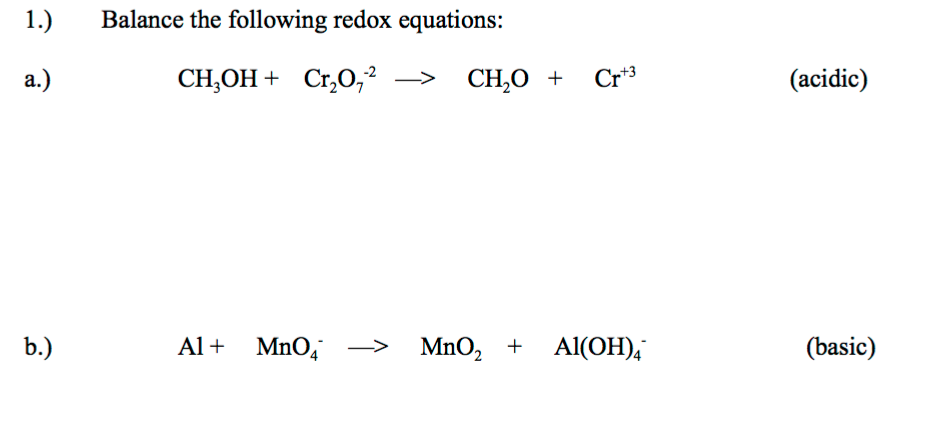 Solved Balance the following redox equations: a) CH3OH+ | Chegg.com
