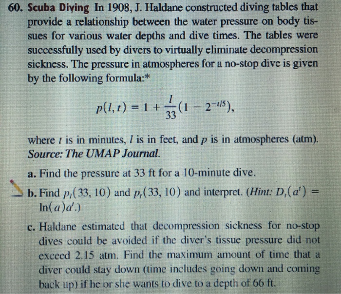 Solved Scuba Diying In 1908, J. Haldane constructed diving | Chegg.com